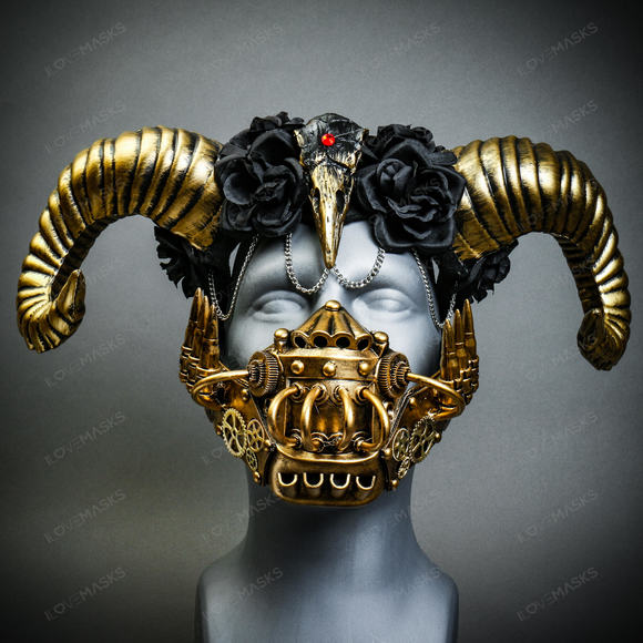 ILOVEMASKS | Accessories | Gold Raven Ram Horn Headband With Steampunk ...